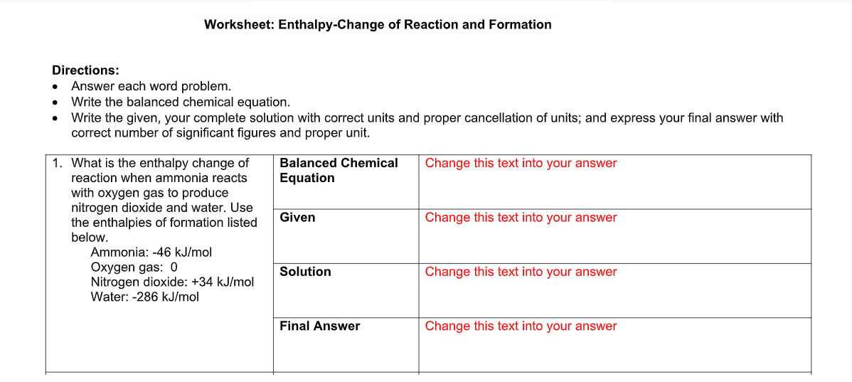 Solved Worksheet: Enthalpy-Change of Reaction and Formation | Chegg.com