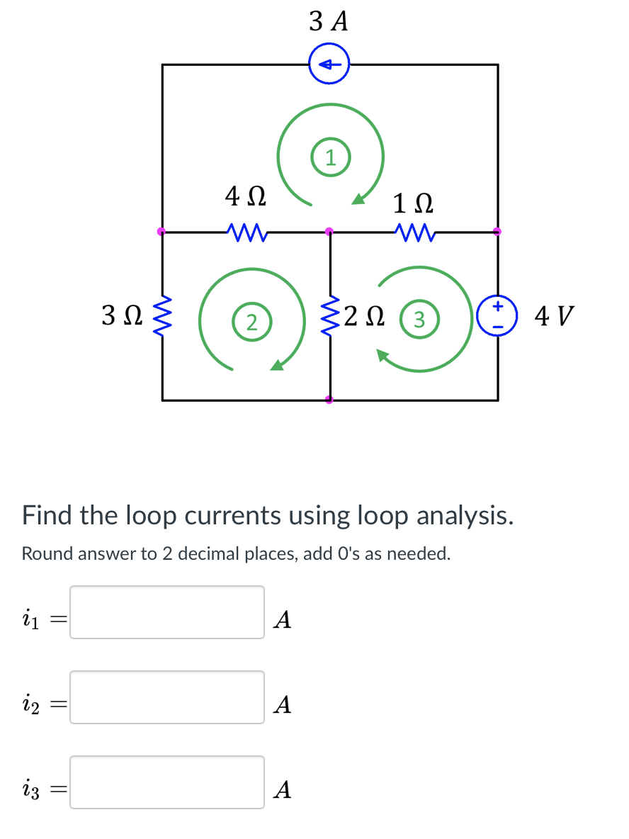 Solved 3Α 1 4 Ω 1 Ω 3 Ωs 2 Ω (3 4V Find the loop currents | Chegg.com
