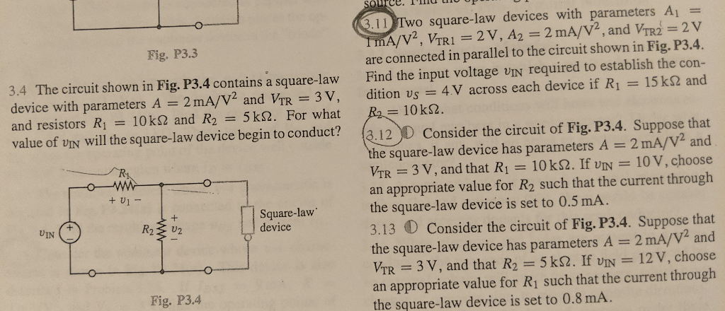 Solved SOurce. 3.11 Two square-law devices with parameters A | Chegg.com