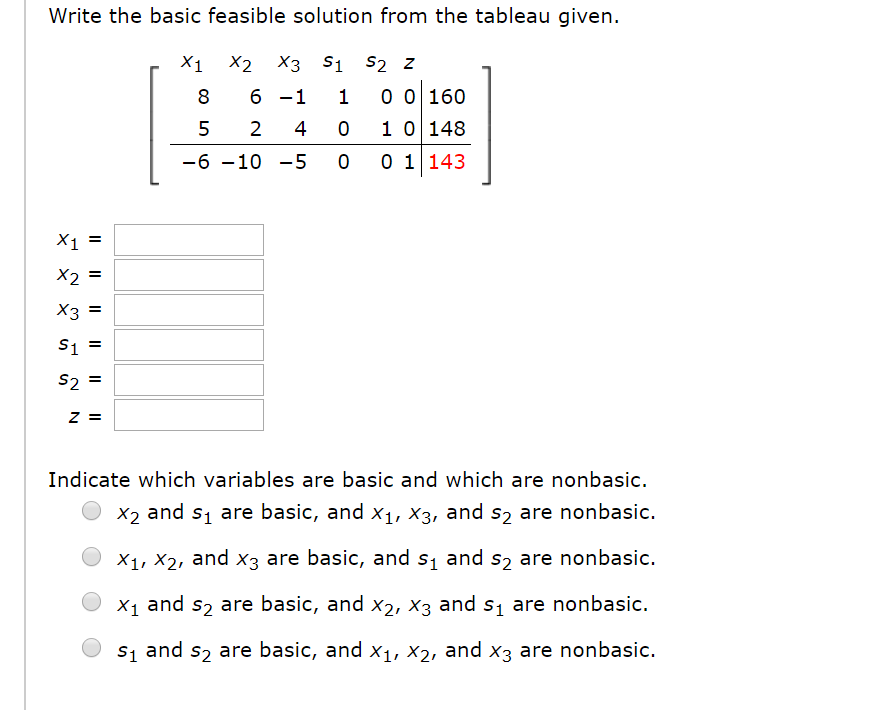 Solved Write the basic feasible solution from the tableau | Chegg.com