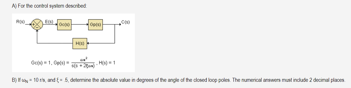 Solved A) For the control system described: R(S) E(S) Gc(s) | Chegg.com