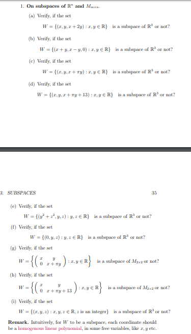Solved 1. On subspaces of R n and Mm×n. (a) Verify, if the | Chegg.com