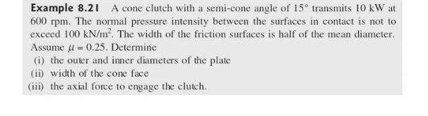 Solved Example 8.21 A cone clutch with a semi-cone angle of | Chegg.com