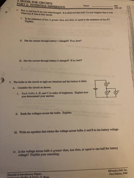 Solved A MODEL FOR CIRCUITS PART 2: POTENTIAL, DIFFERENCE | Chegg.com