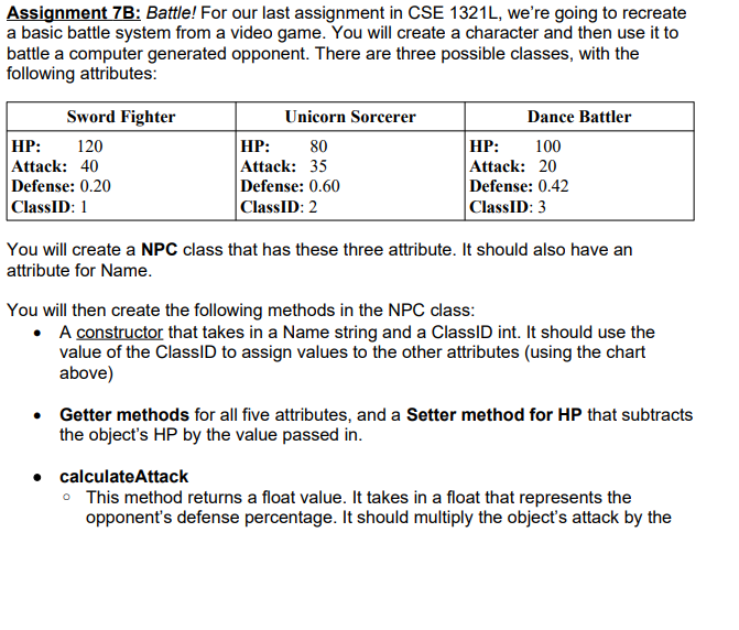 Solved Assignment 7B: Battle! For our last assignment in CSE | Chegg.com