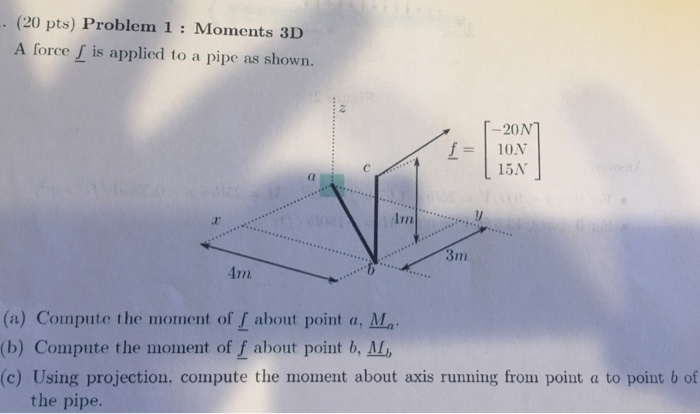 Solved (20 pts) Problem 1: Moments 3D A force is applied to | Chegg.com