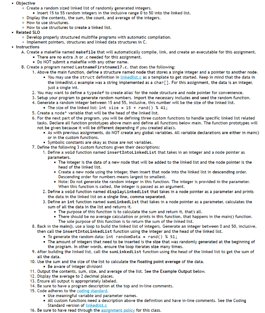 Solved Create a random sized linked list of randomly | Chegg.com