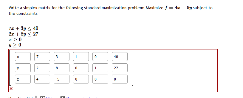 Solved Write a simplex matrix for the following standard | Chegg.com