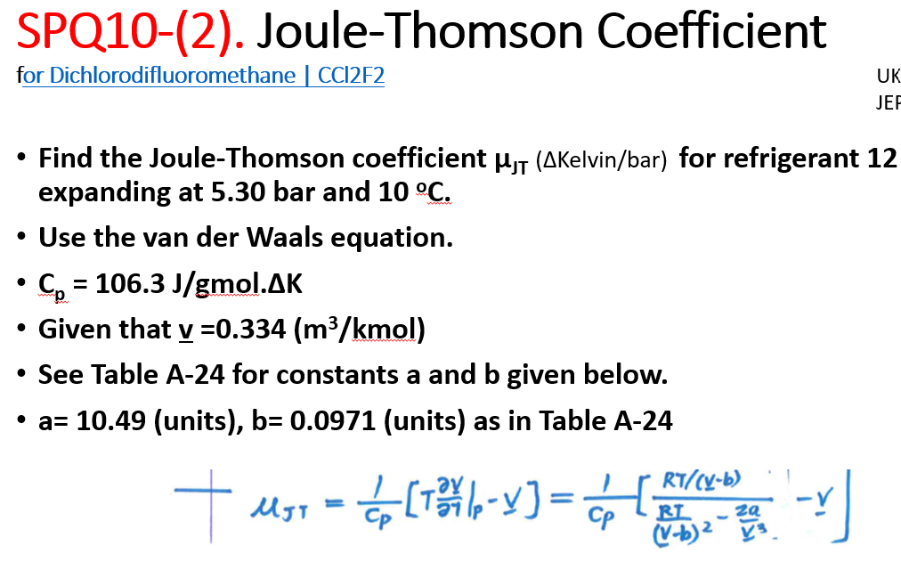 Solved SPQ10-(2). Joule-Thomson Coefficient for | Chegg.com
