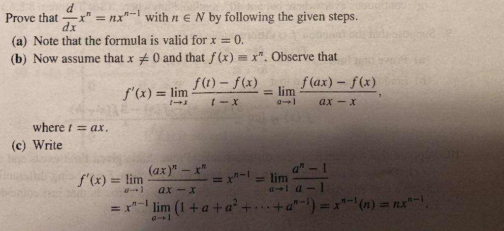 Solved Prove that dxdxn=nxn−1 with n∈N by following the | Chegg.com