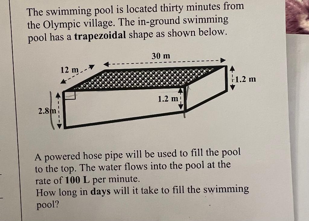 Solved The swimming pool is located thirty minutes from the | Chegg.com