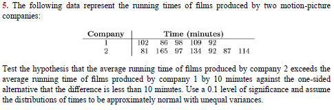 Solved 5. The following data represent the running times of | Chegg.com