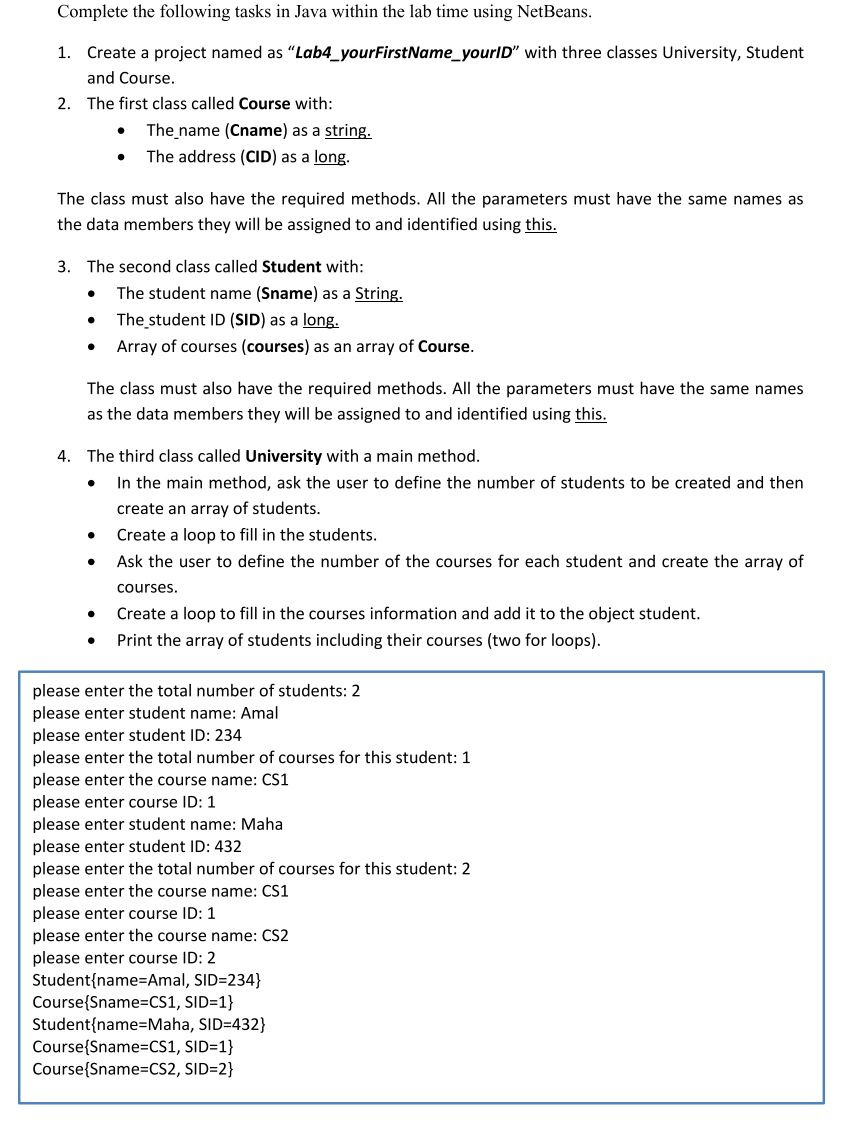 Solved Complete the following tasks in Java within the lab | Chegg.com