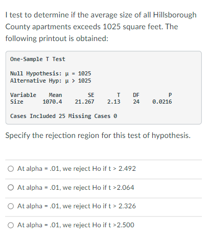 Solved I test to determine if the average size of all | Chegg.com