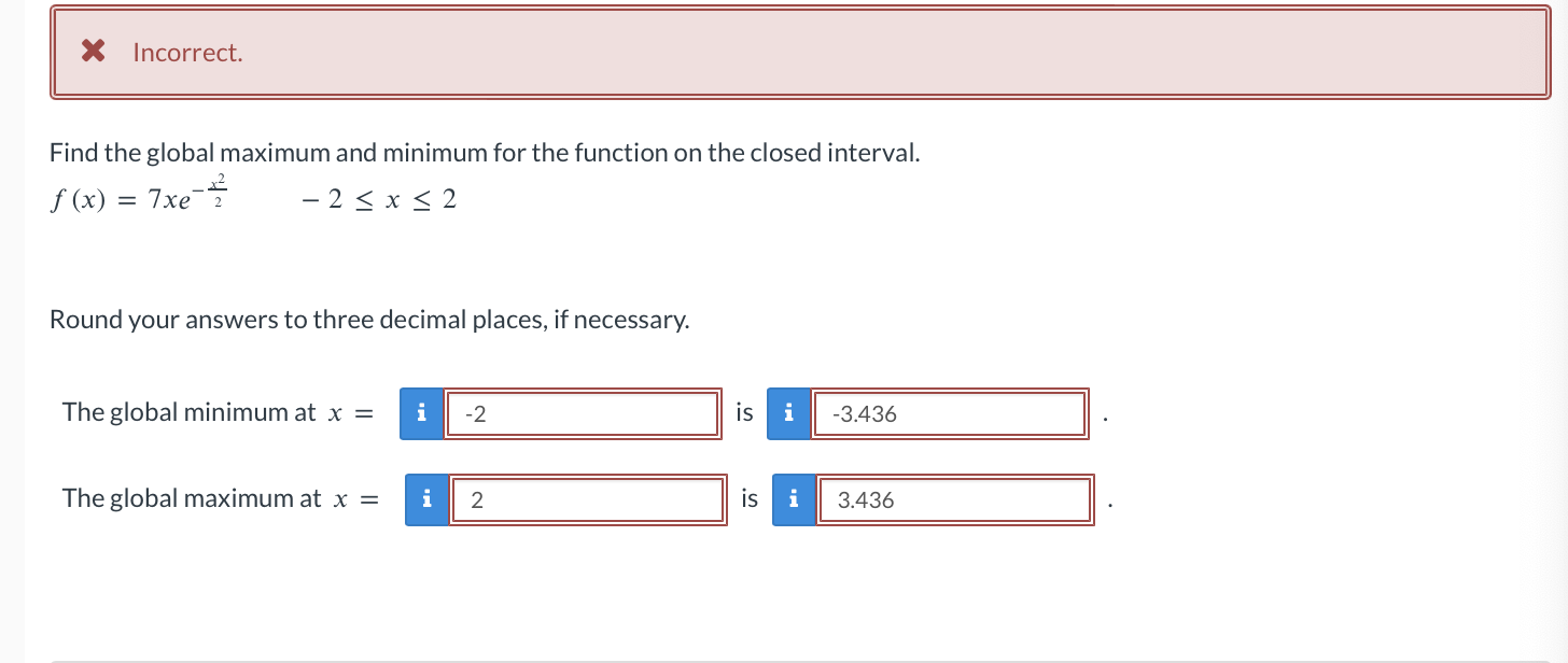Solved X Incorrect Find The Global Maximum And Minimum For