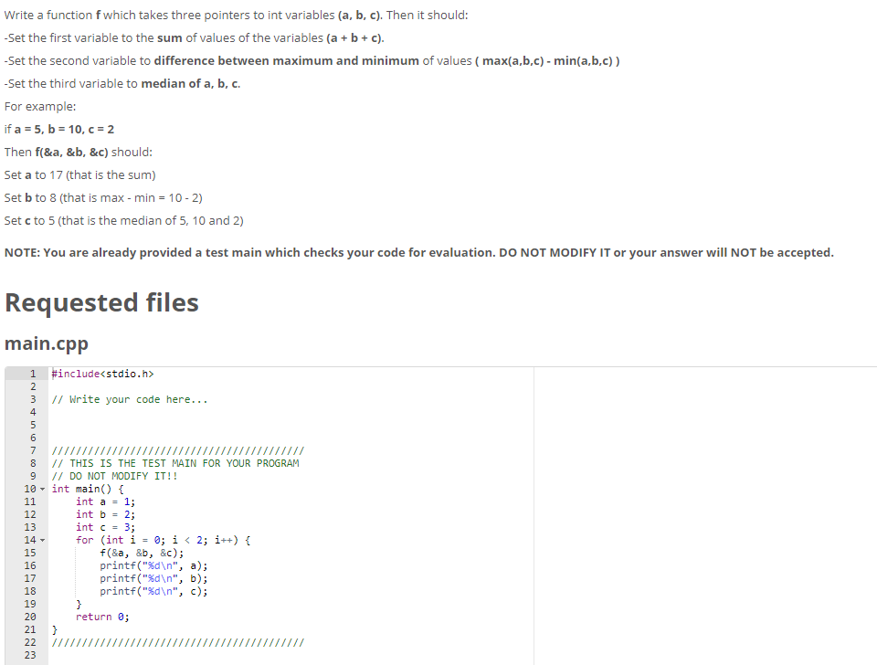 Solved Write a function f which takes three pointers to int | Chegg.com