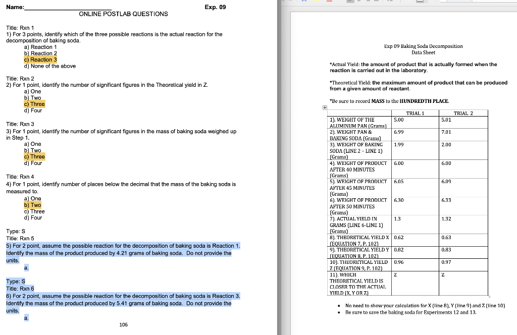 Solved Name: Exp. 09 ONLINE POSTLAB QUESTIONS Title: Rxn 1 | Chegg.com