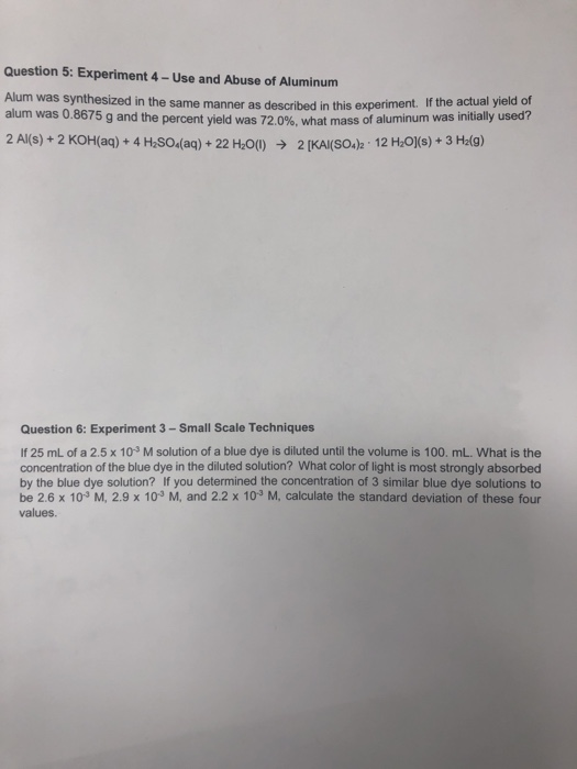 Solved Question 5: Experiment 4-Use and Abuse of Aluminum | Chegg.com