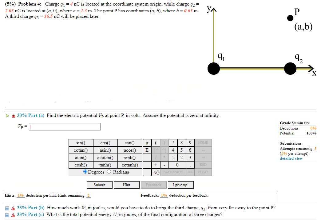 Solved (5\%) Problem 4: Charge q1=4nC is located at the | Chegg.com