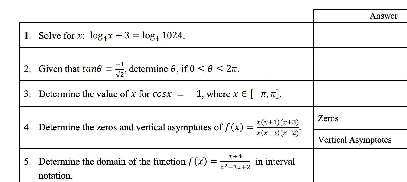 Solved Answer 1. Solve for x: log4x + 3 = log4 1024. = 2. | Chegg.com