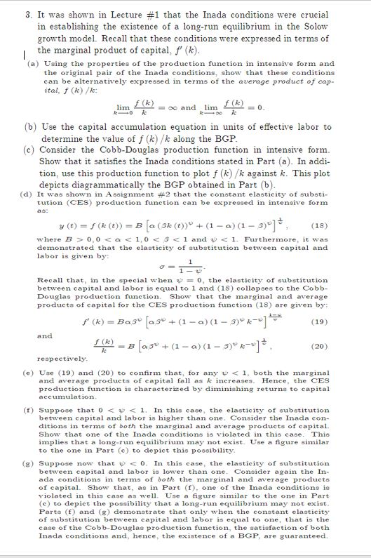 3. It was shown in Lecture #1 that the Inada | Chegg.com