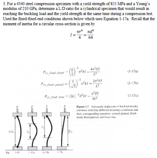 Solved 3. For a 4340 steel compression specimen with a yield | Chegg.com