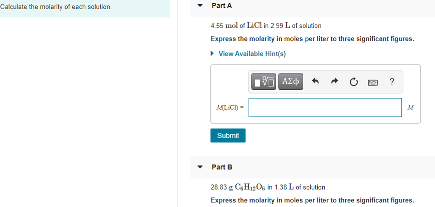 Solved Calculate the molarity of each solution. Part A 4.55 | Chegg.com