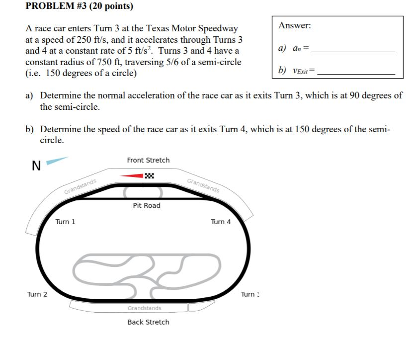 Solved PROBLEM #3 (20 points) Answer A race car enters Turn | Chegg.com