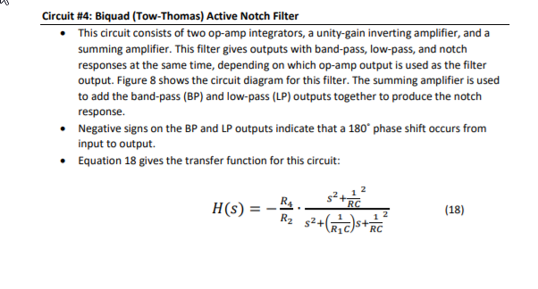 Circuit #4: Biquad (Tow-Thomas) Active Notch Filter | Chegg.com
