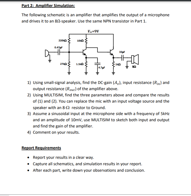 Solved Part 2: Amplifier Simulation: The following schematic | Chegg.com