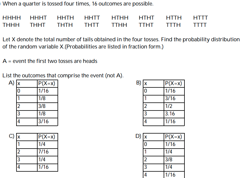Solved When a quarter is tossed four times, 16 outcomes are | Chegg.com