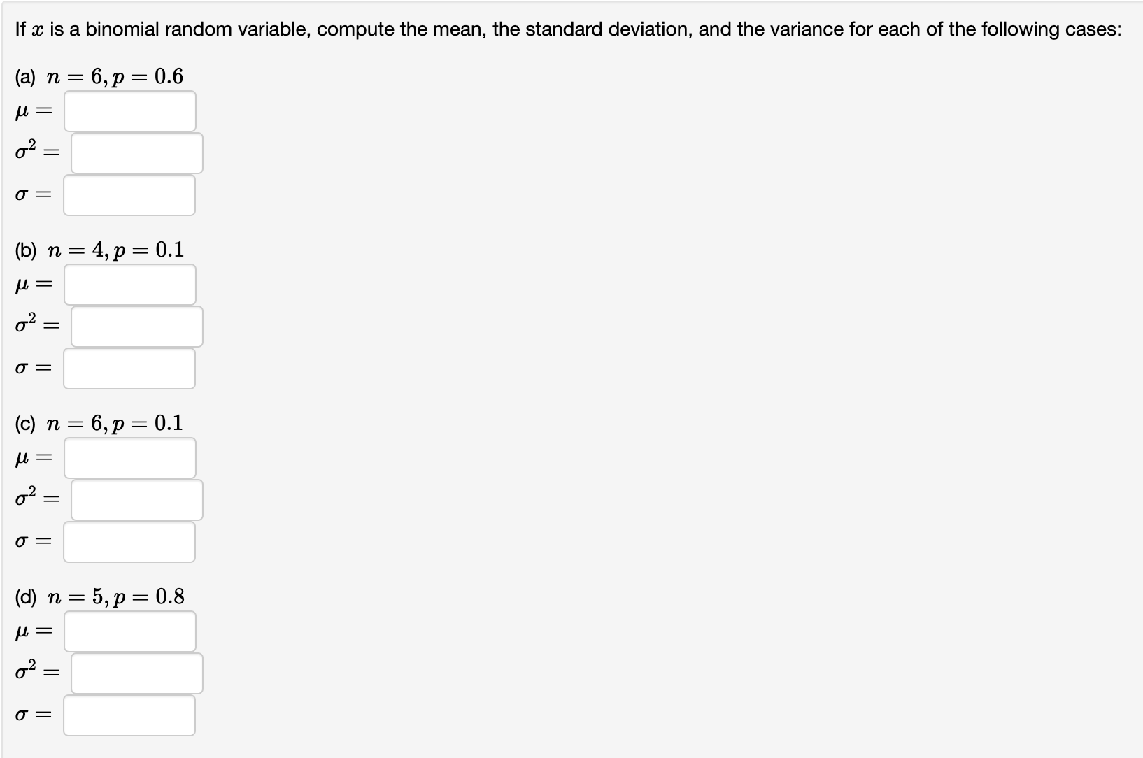 Solved If x is a binomial random variable, compute the mean, | Chegg.com