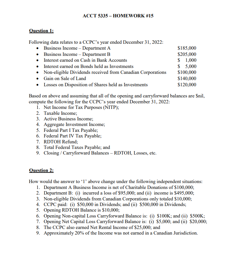 ACCT 5335 - HOMEWORK \#15 Question 1: Based on above | Chegg.com