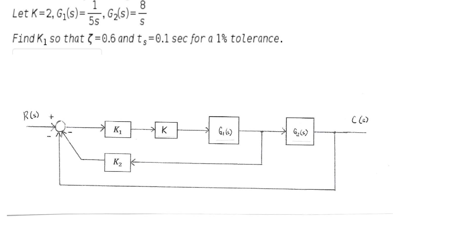 Solved 1 Let K=2, G₁(s)=G₂(s) = 5s 8 S Find K₁ so that =0.6 | Chegg.com