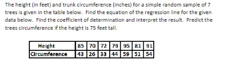 Solved The height (in feet) and trunk circumference (inches) | Chegg.com