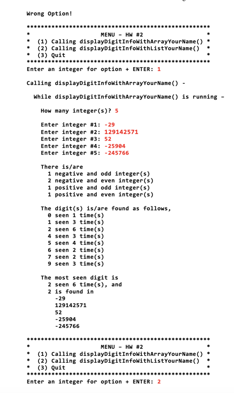 Solved alling displayDigitInfoWithListYourName() - While | Chegg.com