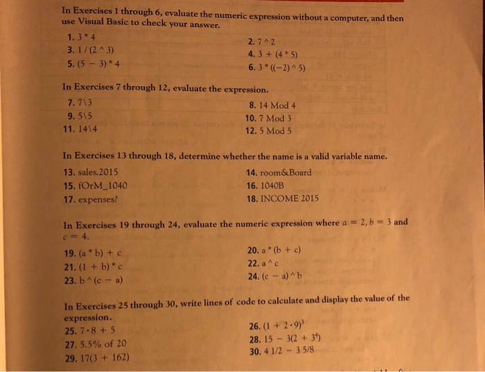 Solved In Exercises I through 6, evaluate the numeric | Chegg.com