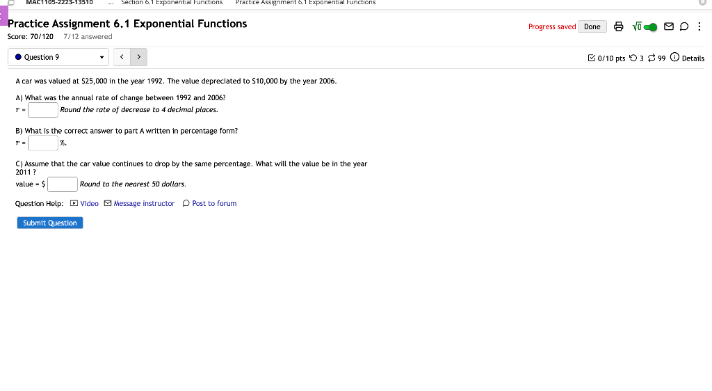 Solved Section 6.1 Exponential Functions Practice Assignment | Chegg.com