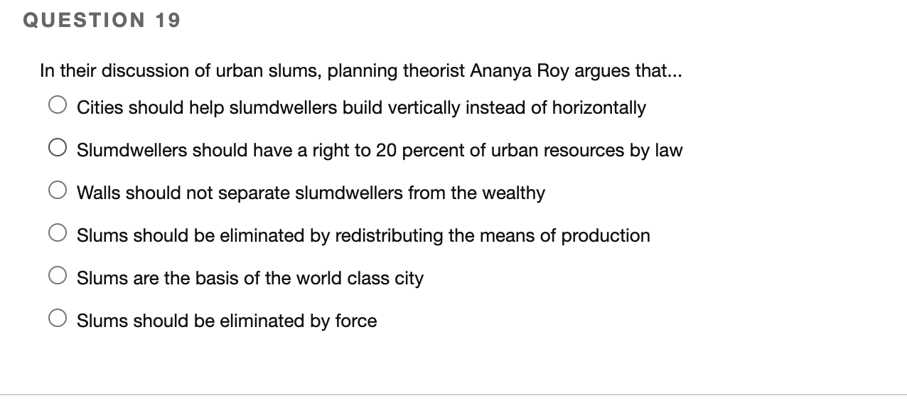 Solved QUESTION 19 In their discussion of urban slums, | Chegg.com