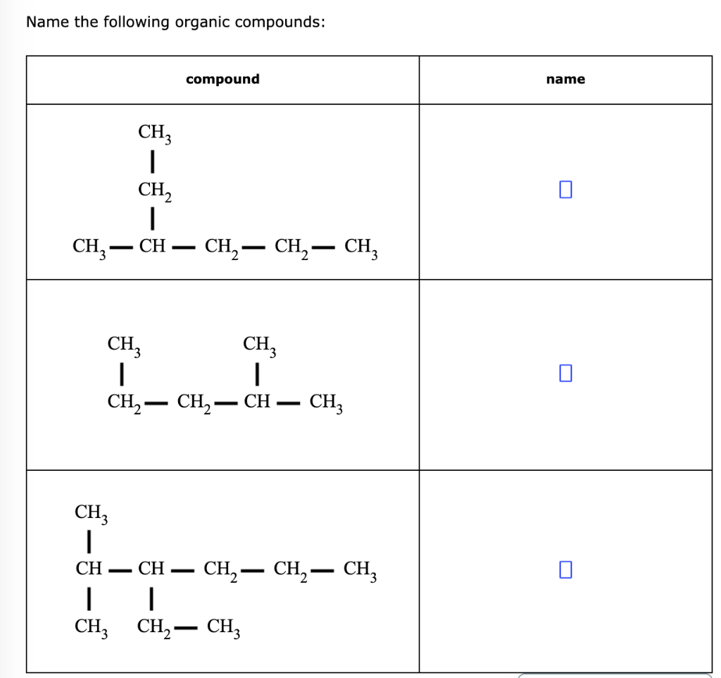 Solved Name the following organic compounds: compound name | Chegg.com