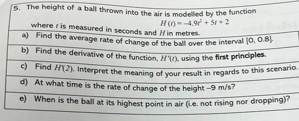 Solved 5. The height of a ball thrown into the air is | Chegg.com