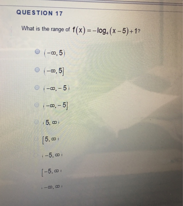 Solved What is the range of f(x) = -log (x - 5) + 1? | Chegg.com