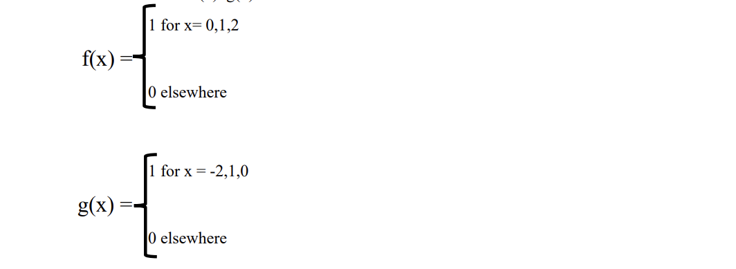 Solved f(x)={1 for x=0,1,20 elsewhere g(x)={1 for x=−2,1,00 | Chegg.com