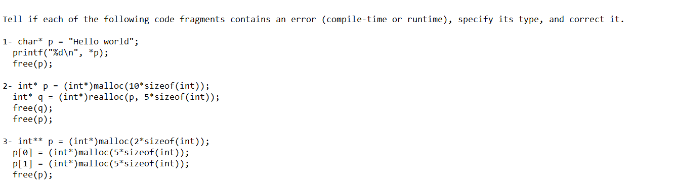 Solved Tell if each of the following code fragments contains | Chegg.com