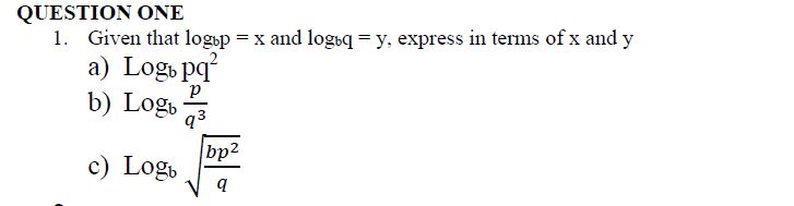 Solved QUESTION ONEGiven that logbp=x ﻿and logbq=y, ﻿express | Chegg.com