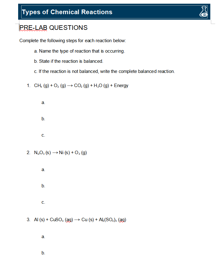 Solved Types of Chemical ReactionsPRE-LAB QUESTIONSComplete | Chegg.com