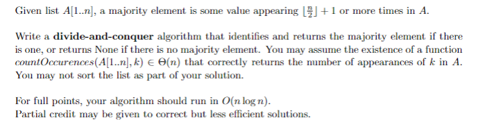 Solved Given list A[1..n], a majority element is some value | Chegg.com