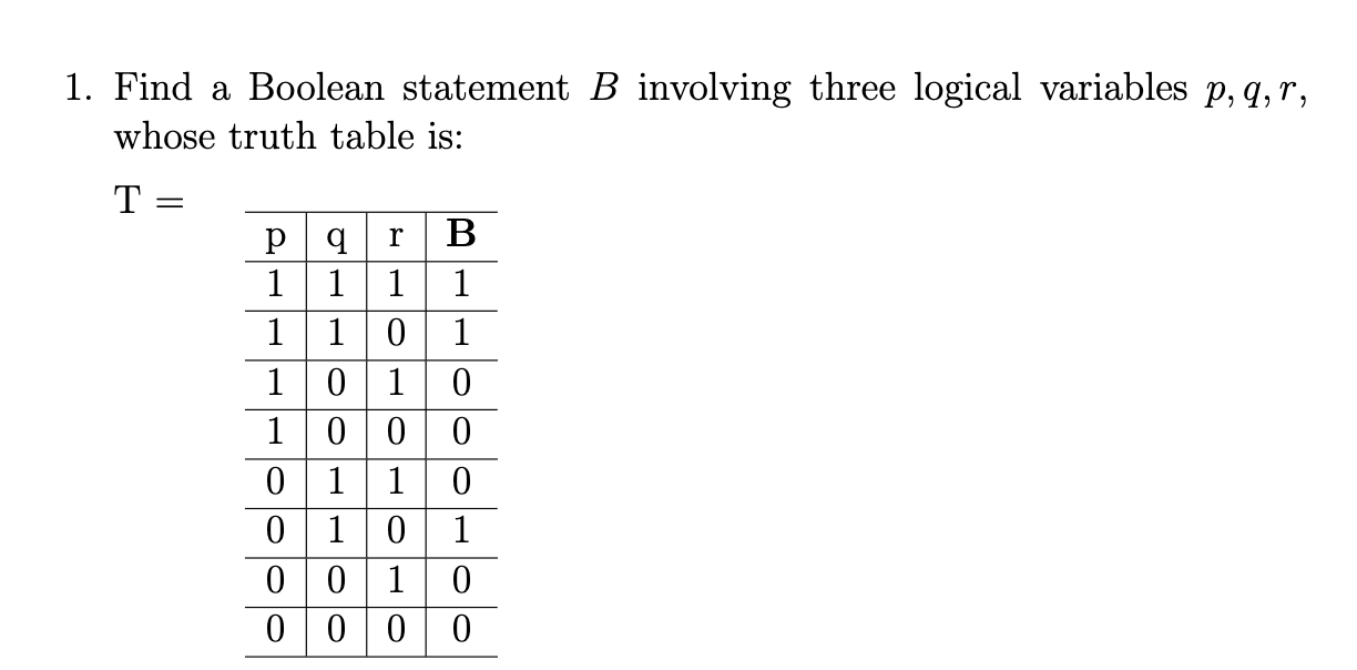 Solved 1. Find a Boolean statement B involving three logical | Chegg.com