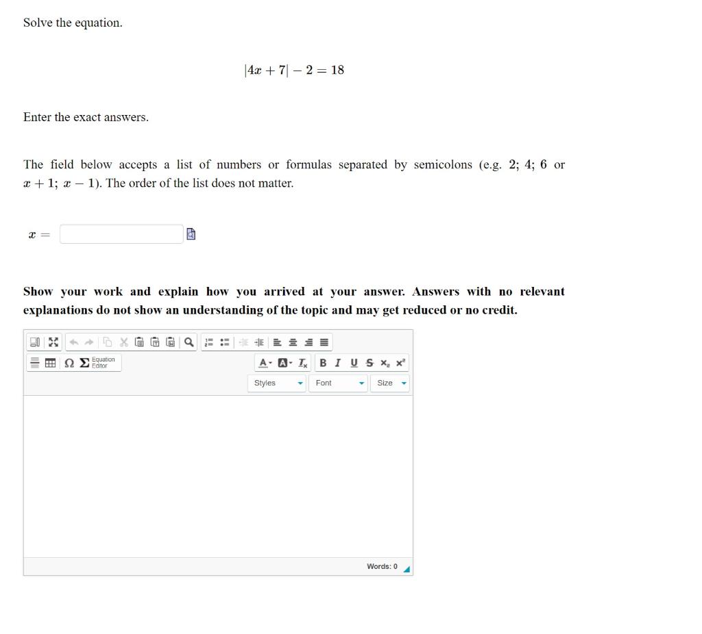 Solved Solve the equation. ∣4x+7∣−2=18 Enter the exact | Chegg.com