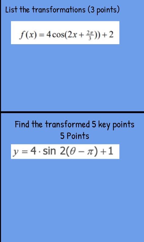 Solved List the 5 key points and graph 6 Points y = 3cos 40 | Chegg.com
